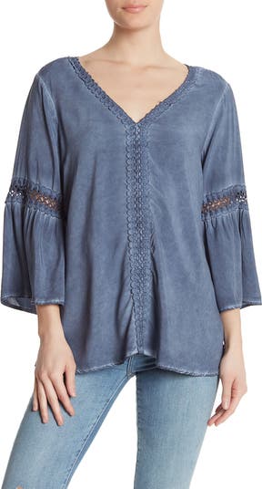 SPENSE Washed Bell Sleeve Lace Detail Blouse | Nordstromrack