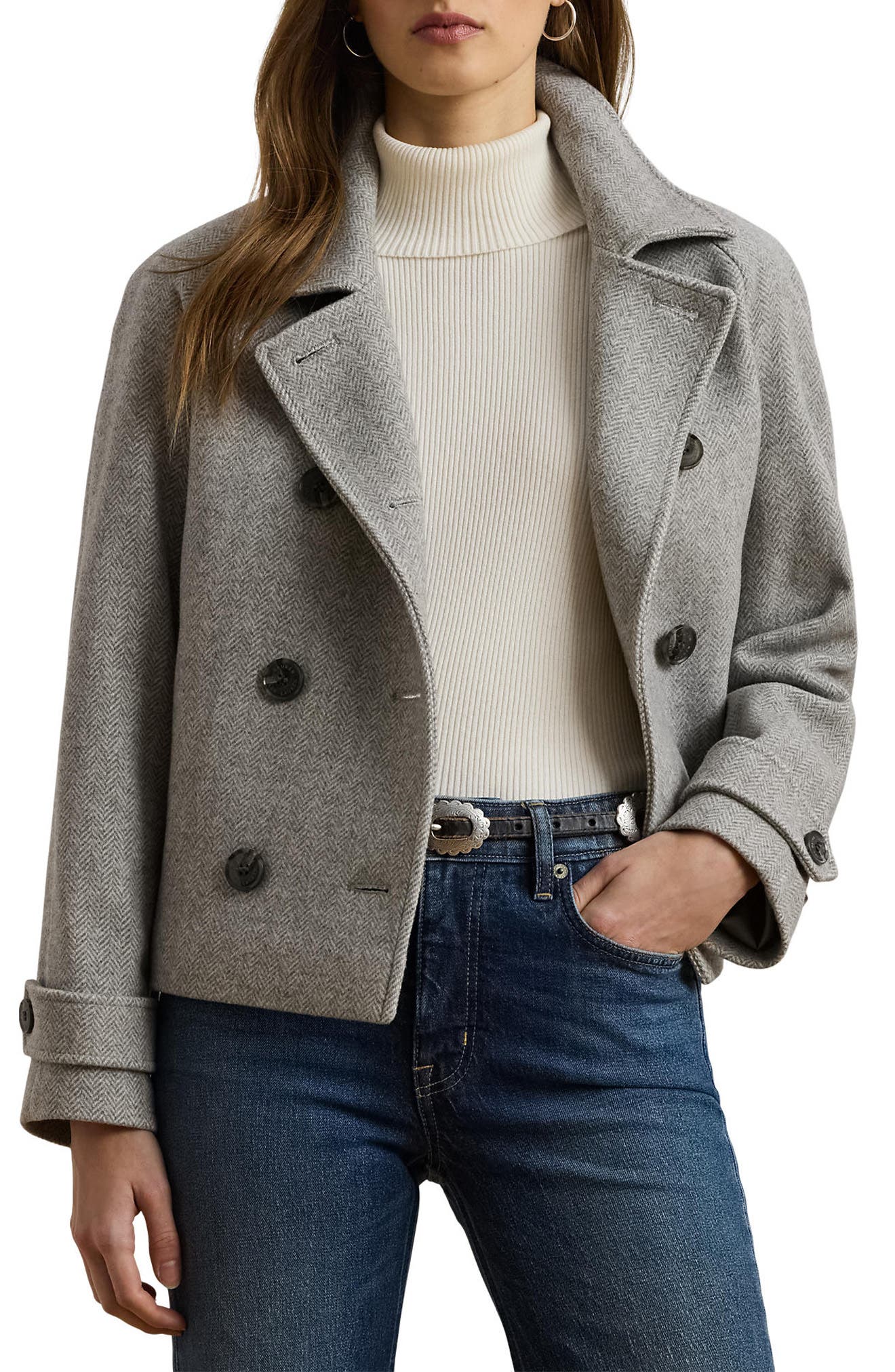Lauren Ralph Lauren Herringbone Crop Wool Blend Peacoat | Nordstrom