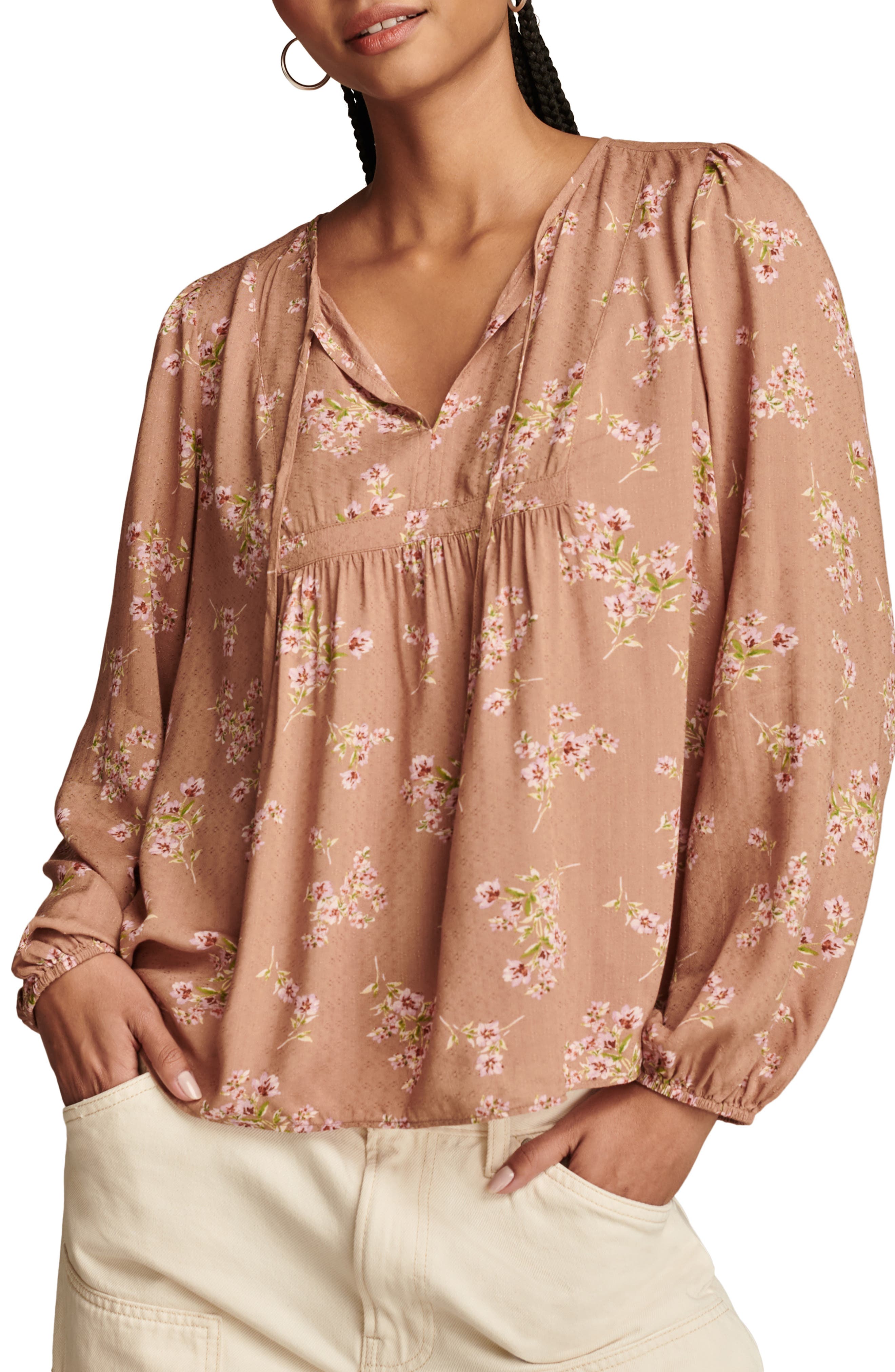 Lucky Brand Floral Split Neck Peasant Top | Nordstrom
