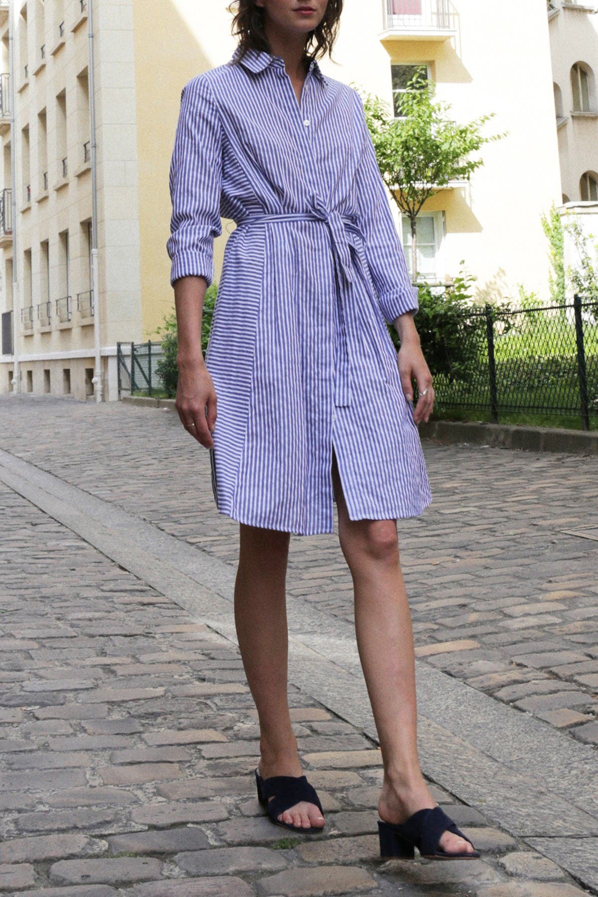 FRNCH Stripe Print Tie Waist Shirtdress (Women) | Nordstromrack