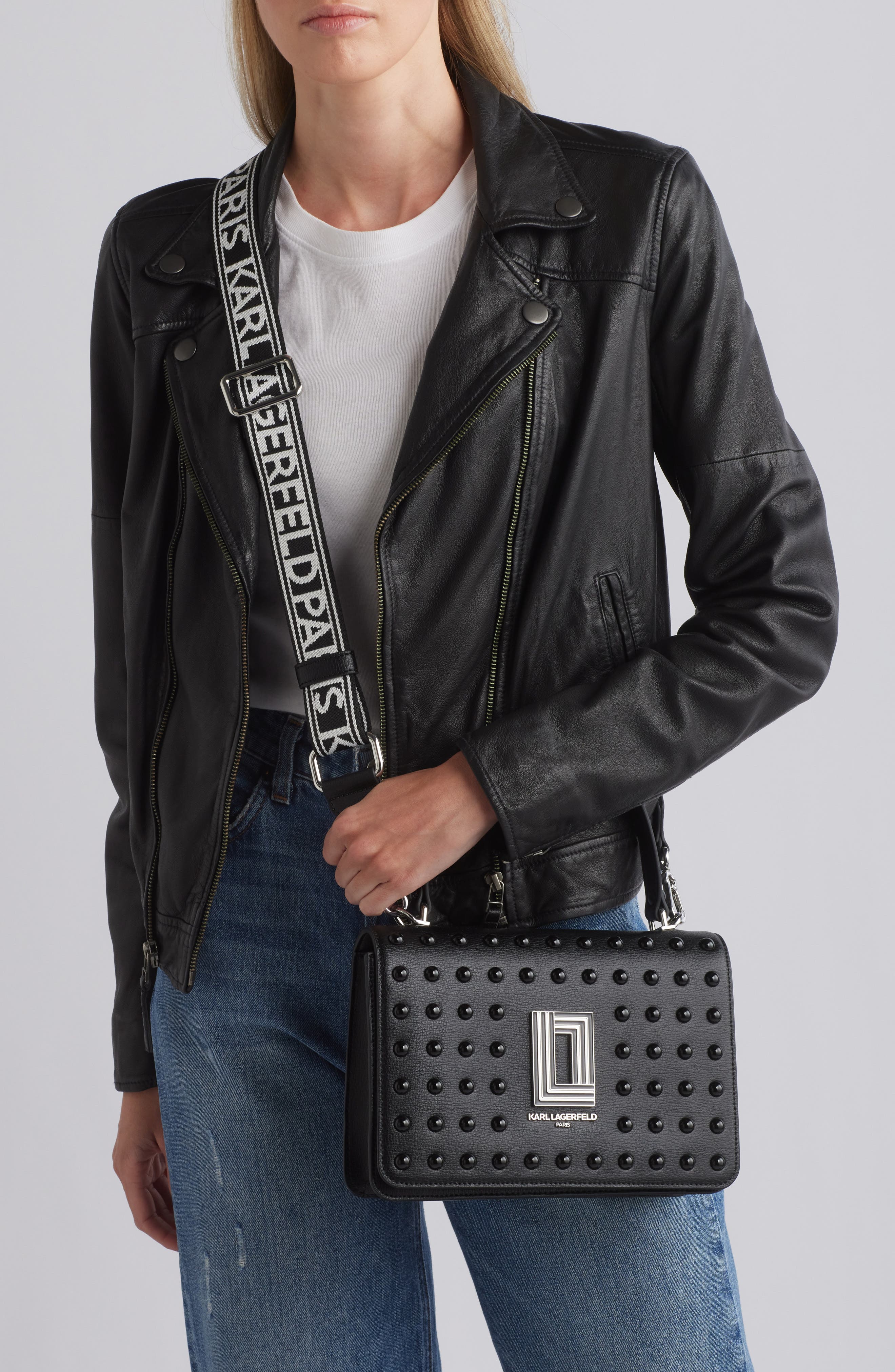 KARL LAGERFELD PARIS Simone Studded Top Handle Leather Bag | Nordstromrack