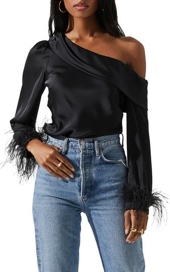 ASTR the Label Dawn One Shoulder Feather Trim Blouse | Nordstrom