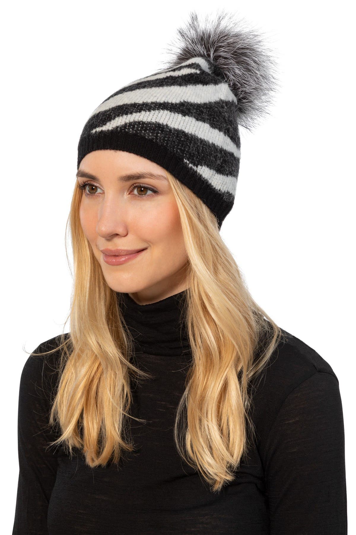 Amicale Cashmere Fuzzy Zebra Print Beanie with Genuine Fox Pom ...