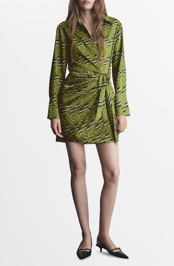 MANGO Geo Print Long Sleeve Satin Faux Wrap Dress | Nordstrom