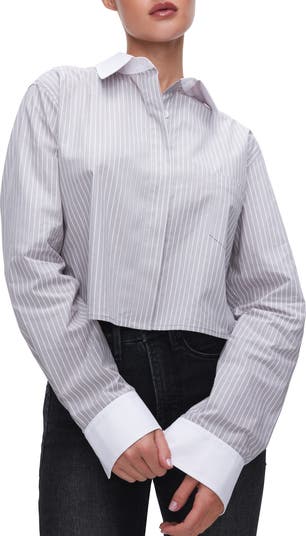 Good American Stripe Crop Button-Up Shirt | Nordstrom