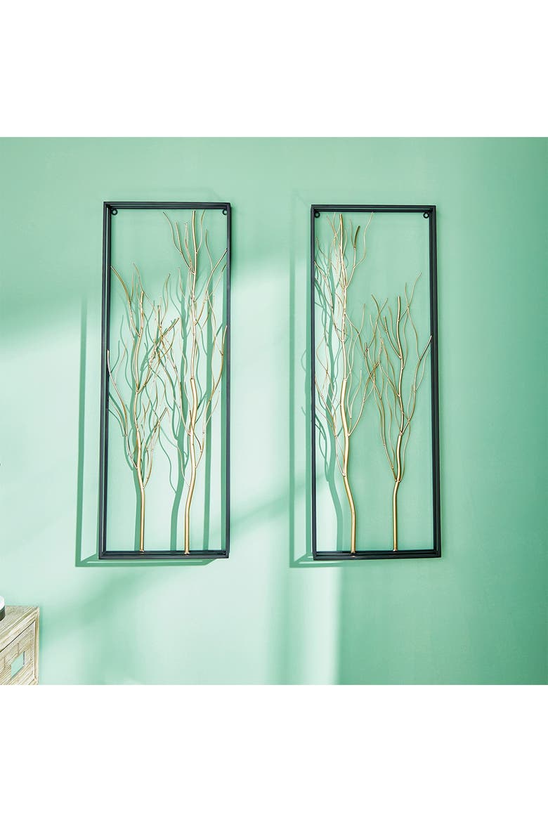 Goldtone Metal Branch Tree Wall Decor with Black Frame - Set of 2 ...