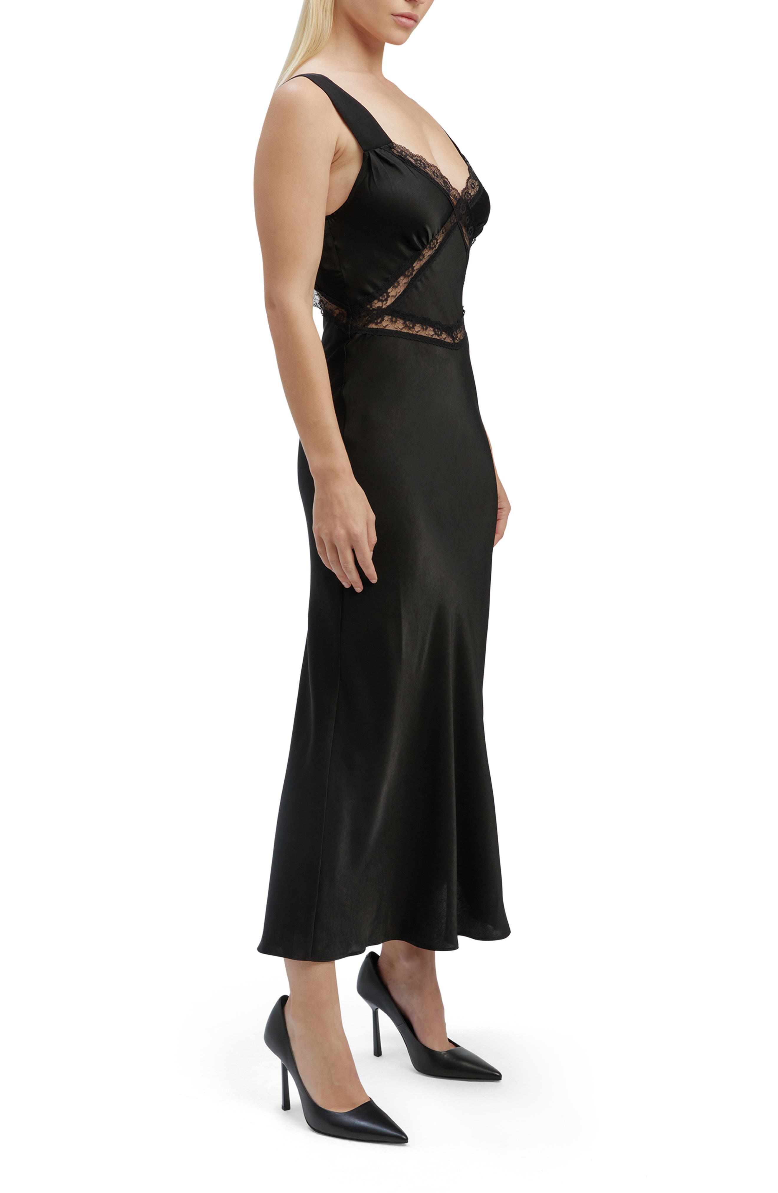 Bardot Emory Lace Trim Cutout Satin Midi Slipdress | Nordstrom