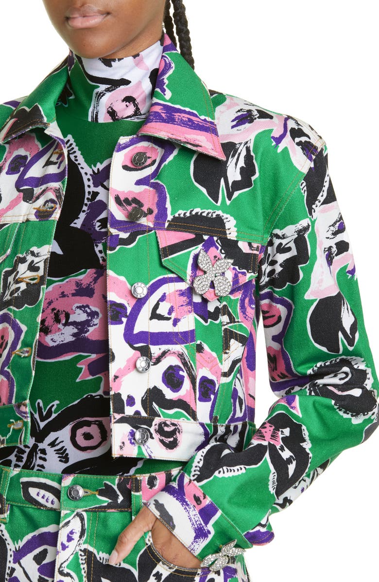 Area Butterfly Print Crystal Detail Denim Trucker Jacket | Nordstromrack
