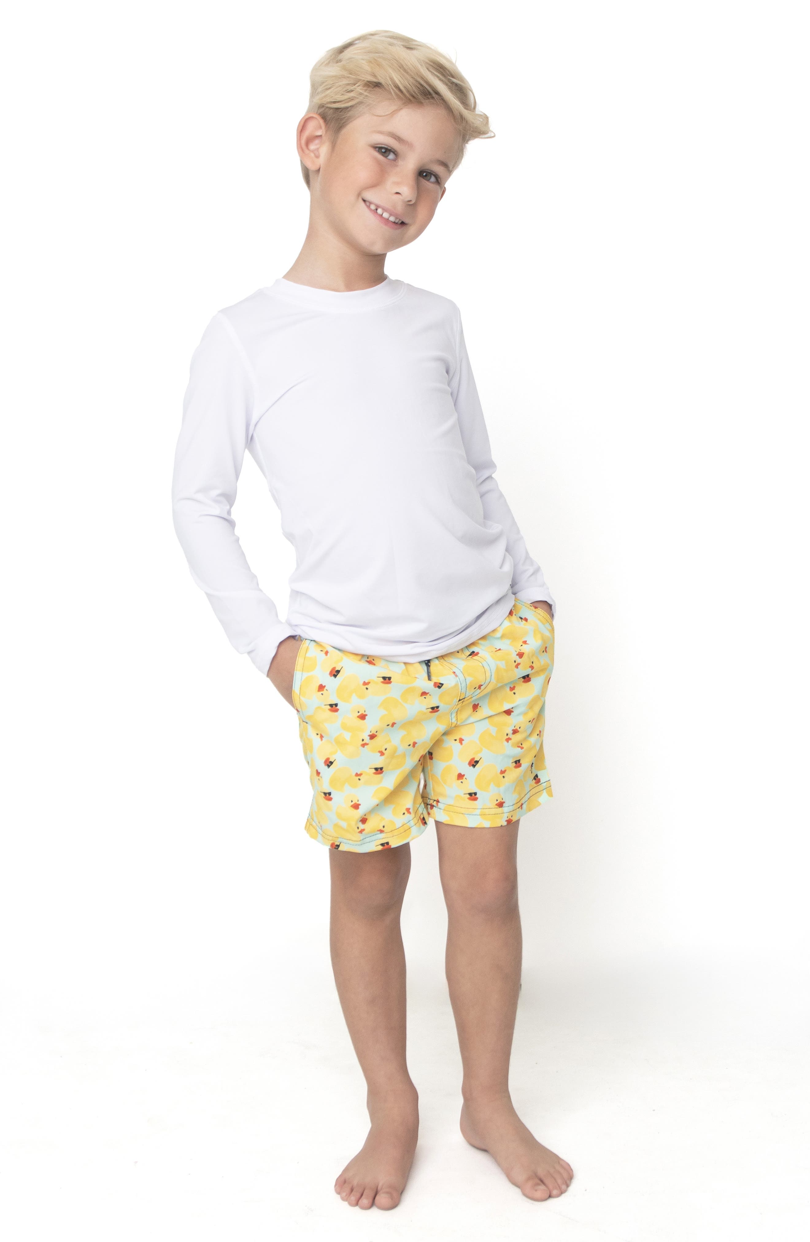Shade Critters Kids' Ditsy Duck Print UPF 50+ Swim Trunks | Nordstromrack