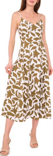 Halogen® Floral Godet Pleat Linen Blend Midi Sundress | Nordstromrack
