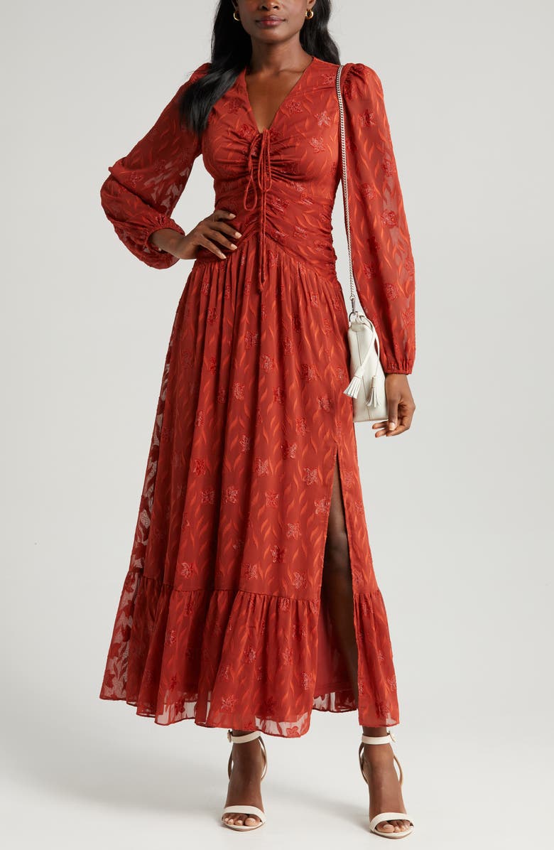 FLORET STUDIOS Floral Ruched Long Sleeve Plissé Midi Dress | Nordstromrack