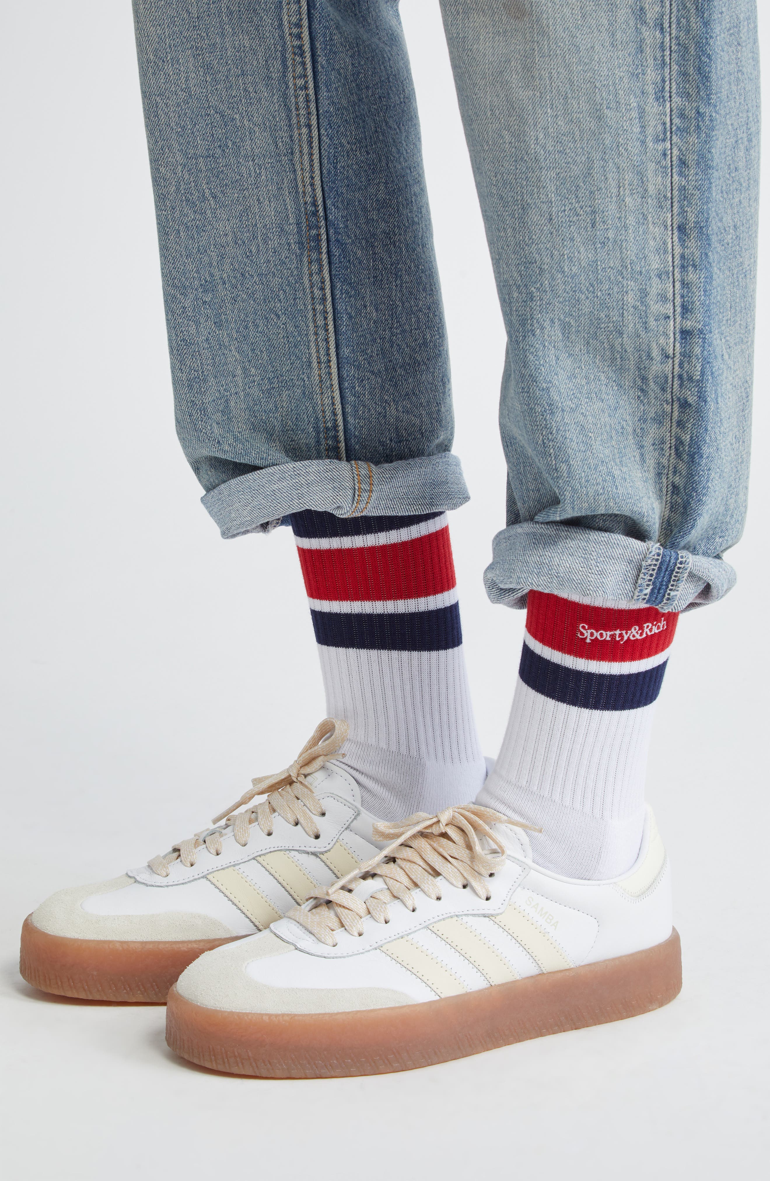 Sporty & Rich Stripe Serif Logo Crew Socks | Nordstromrack