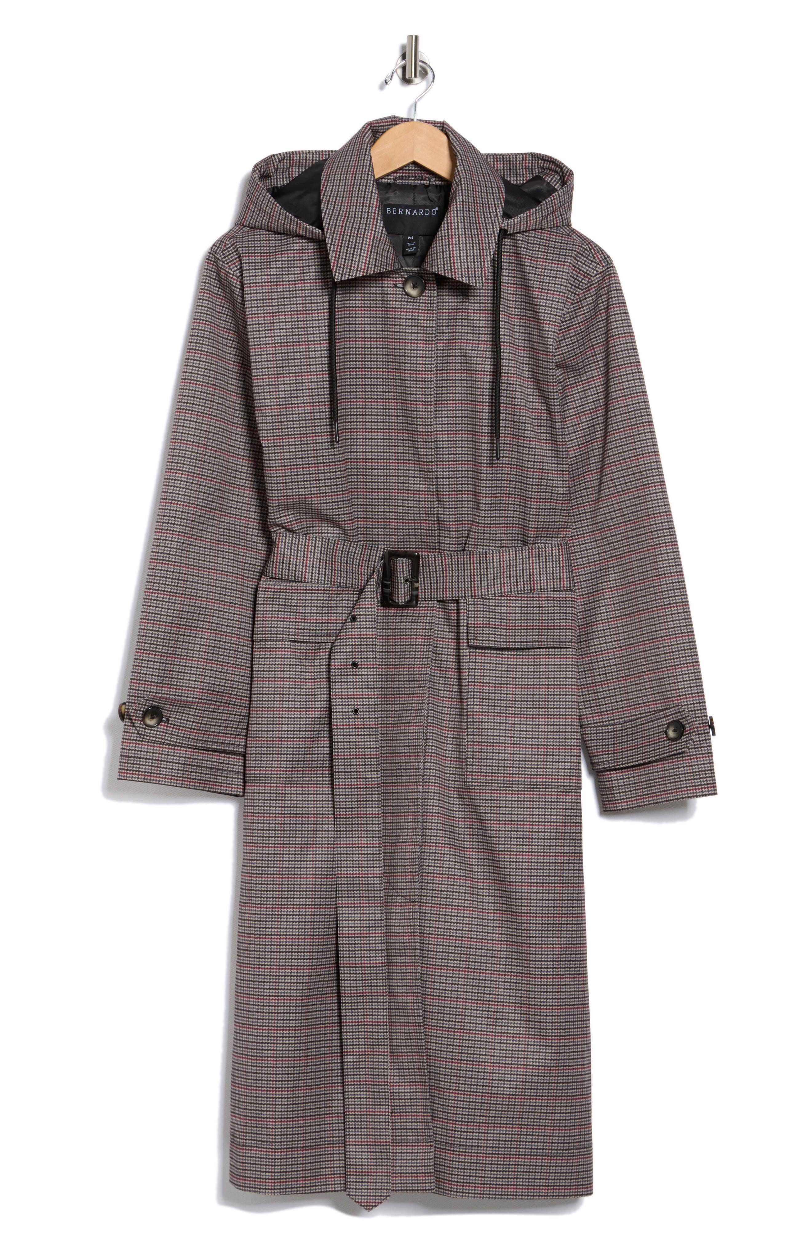 Bernardo Plaid Belted Hooded Long Raincoat | Nordstromrack