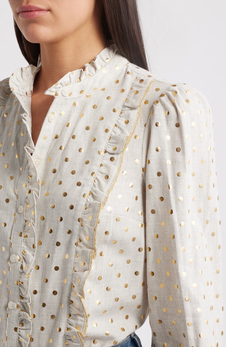 Boden Isla Metallic Polka Dot Ruffle Cotton Button-Up Top | Nordstromrack
