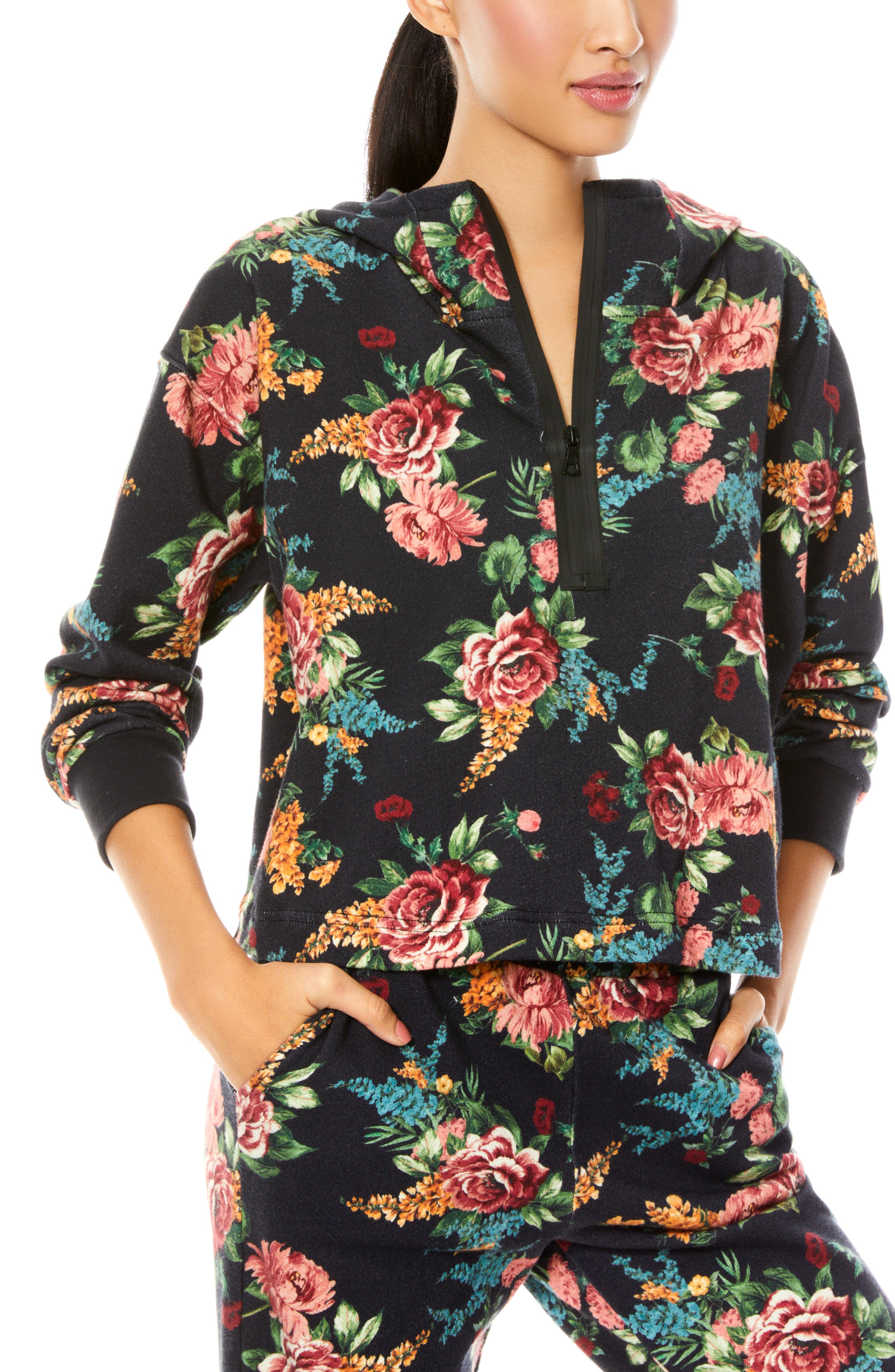 Alice + Olivia Quinlan Floral Half Zip Crop Hoodie | Nordstromrack