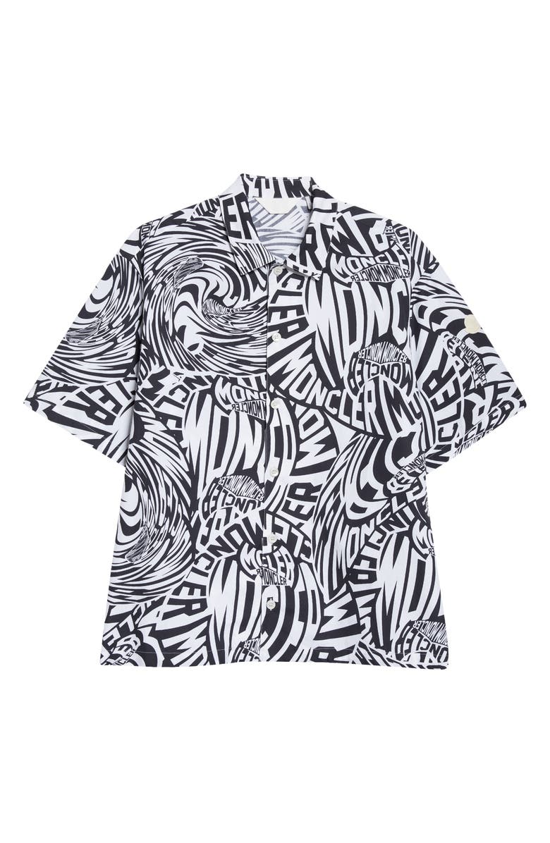Moncler Wavy Logo Print Short Sleeve Cotton Poplin Button-Up Shirt ...
