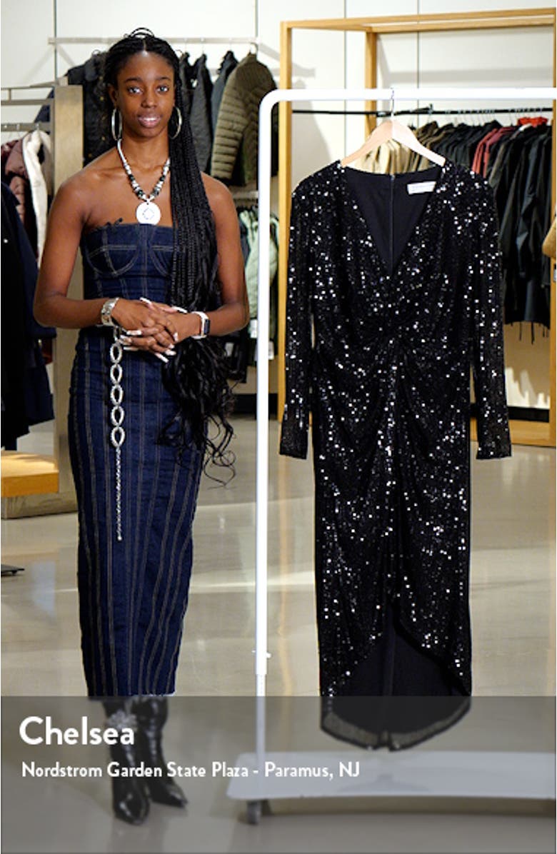 Mac Duggal Metallic Sequin Long Sleeve Faux Wrap Dress Nordstrom