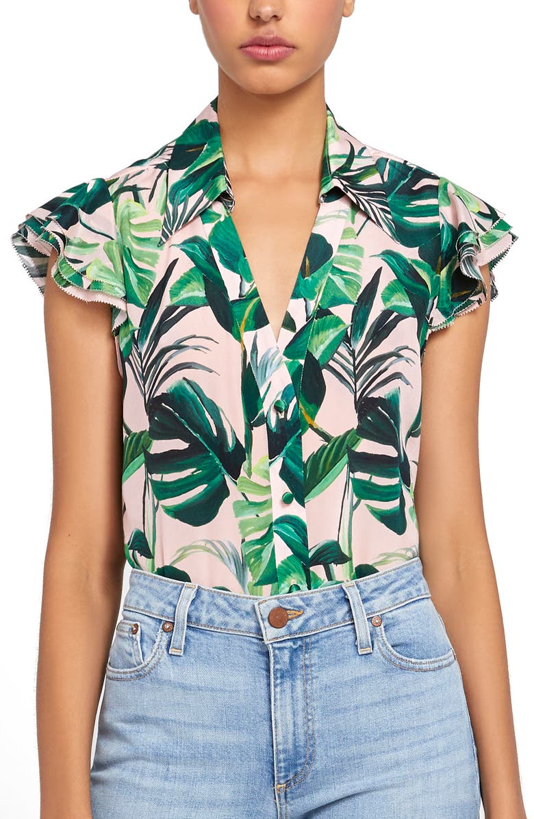 Alice + Olivia Randa Printed Ruffle Sleeve Silk Top | Nordstromrack