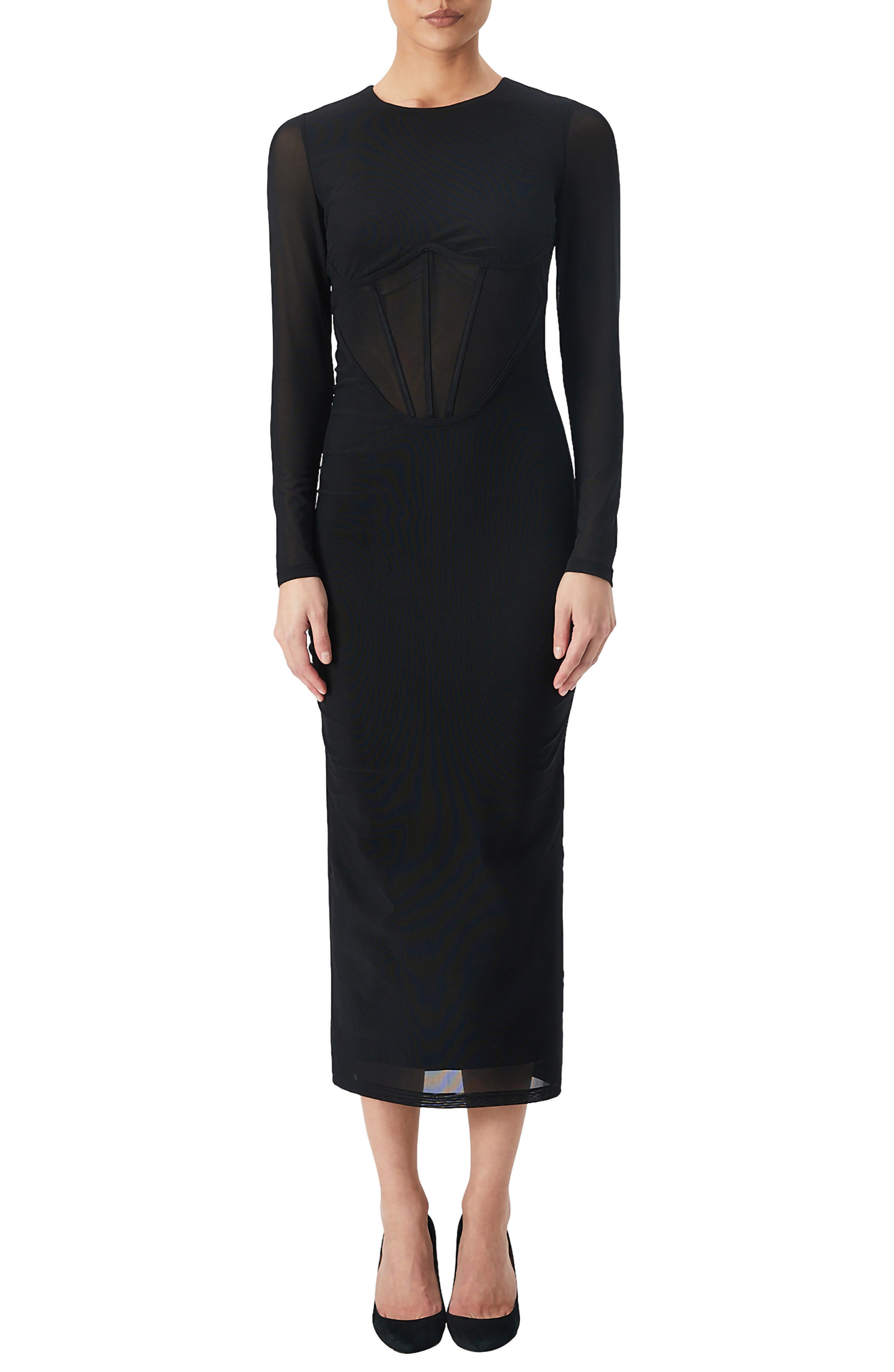 Bardot Sensei Corset Long Sleeve Mesh Cocktail Midi Dress | Nordstrom