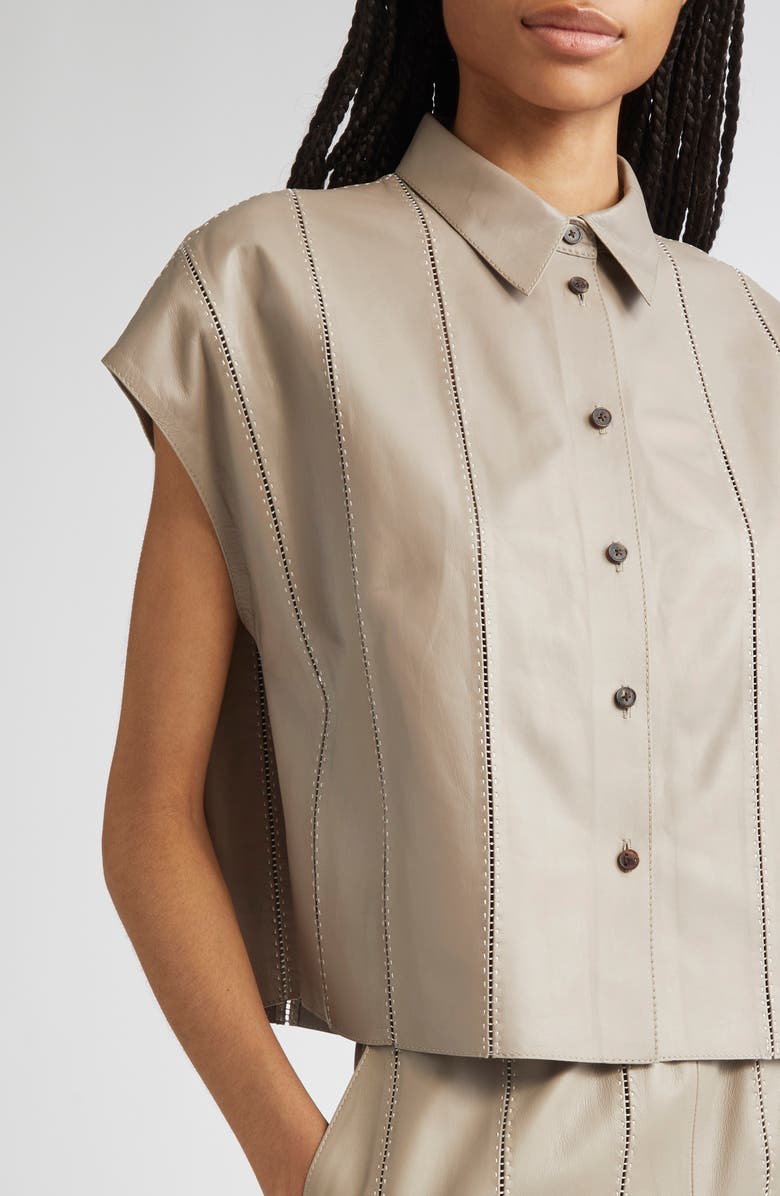 Lafayette 148 New York Ladder Stitch Lambskin Leather Crop Button-Up ...