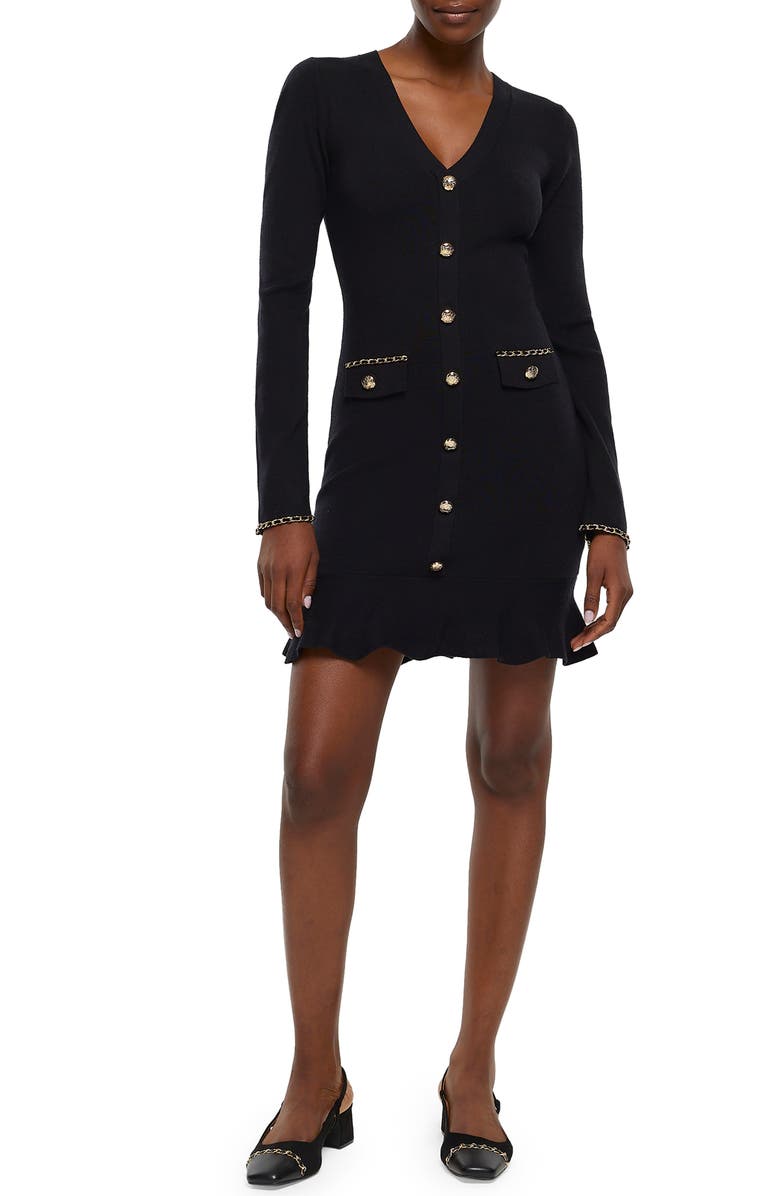 River Island Boutique Chain Trim Ruffle Hem Long Sleeve Body-Con Dress ...