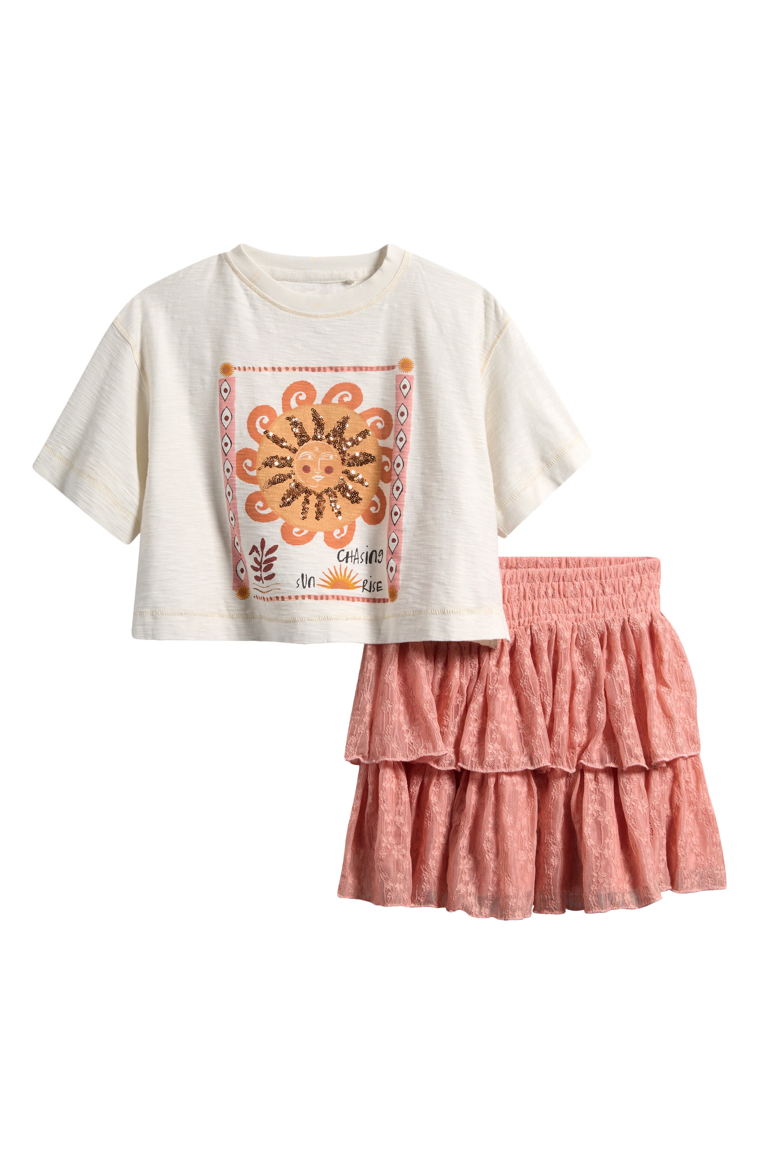 Kids' Boxy Graphic T-Shirt & Tiered Lace Skirt Set (Women) | Nordstromrack