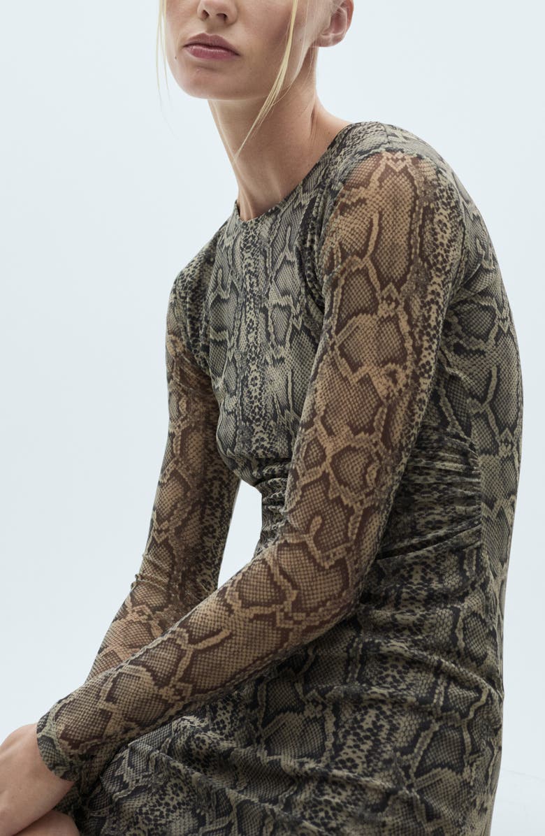 MANGO Snakeskin Print Long Sleeve Semisheer Mesh Midi Dress | Nordstrom