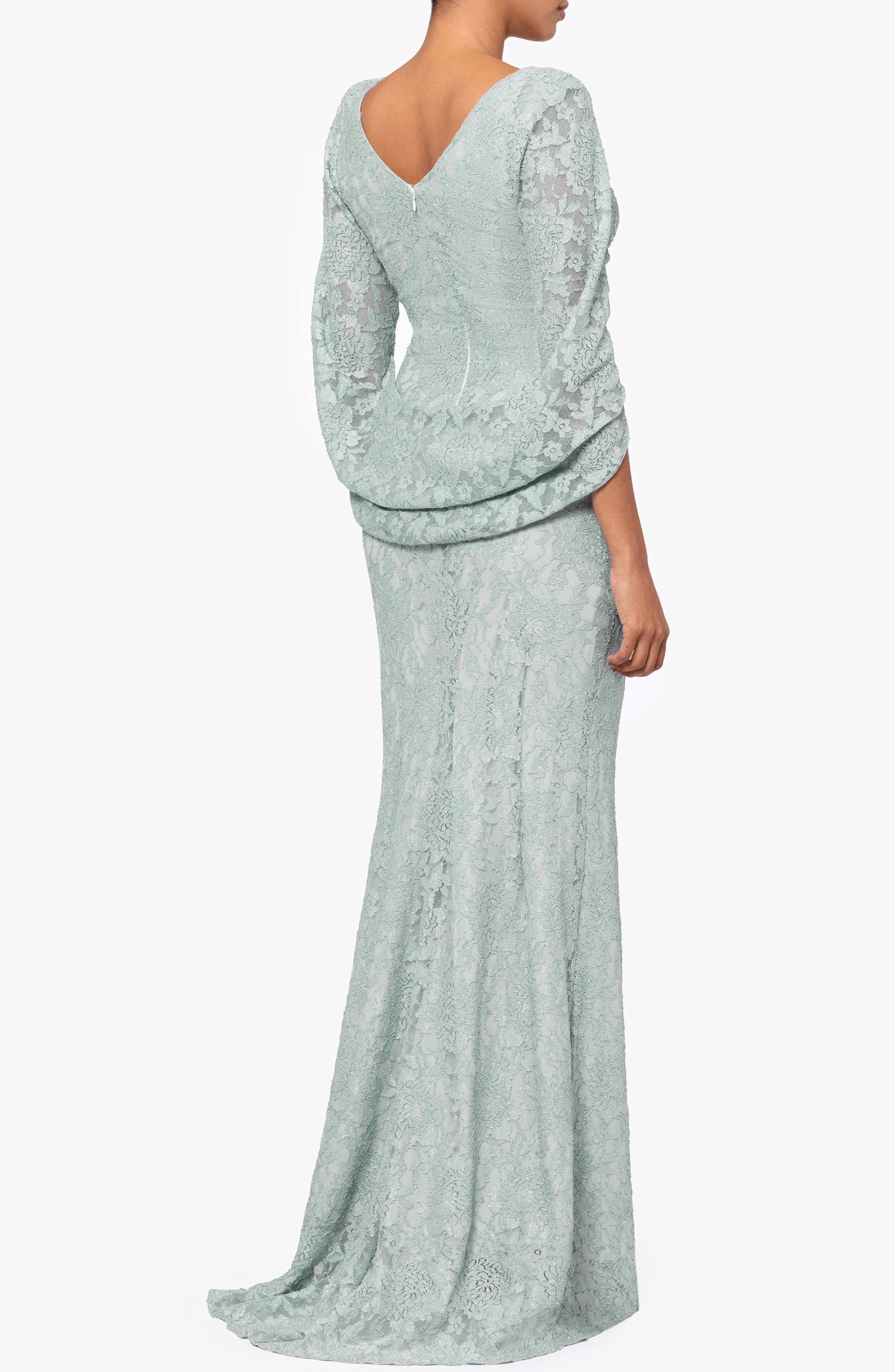 Betsy & Adam Drape Back Cape Sleeve Lace Trumpet Gown | Nordstromrack