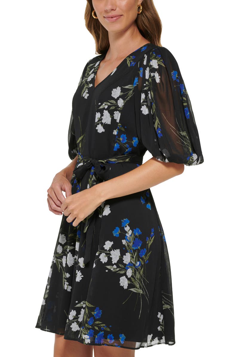 DKNY Floral Puff Sleeve Chiffon Fit & Flare Dress | Nordstromrack