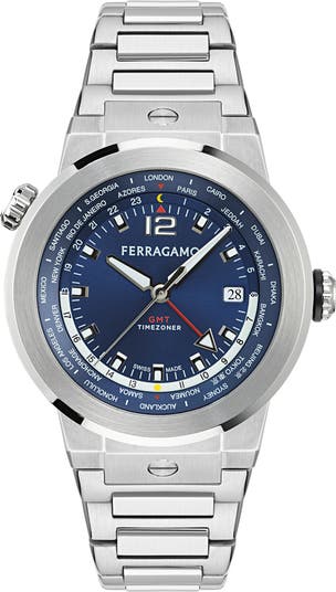 FERRAGAMO F-80 GMT Worldtime Bracelet Watch, 43mm | Nordstrom