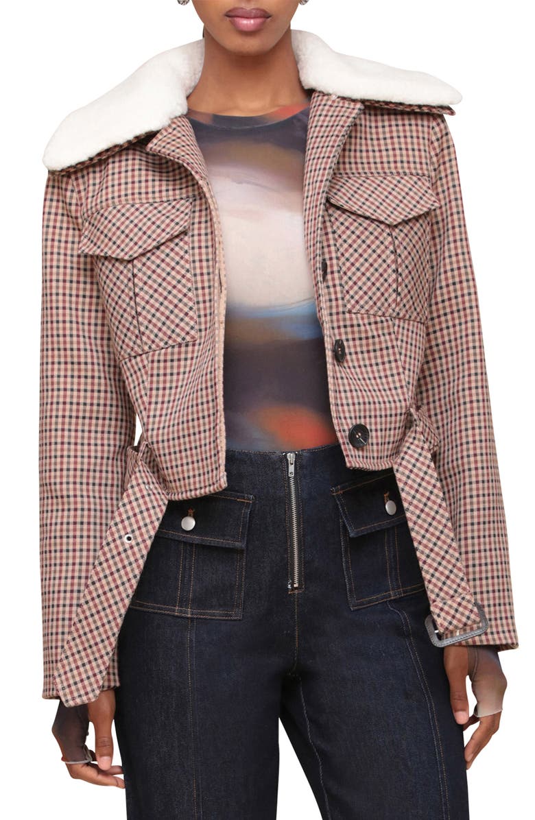 Avec Les Filles Padded Shoulder Belted Faux Shearling Collar Crop ...
