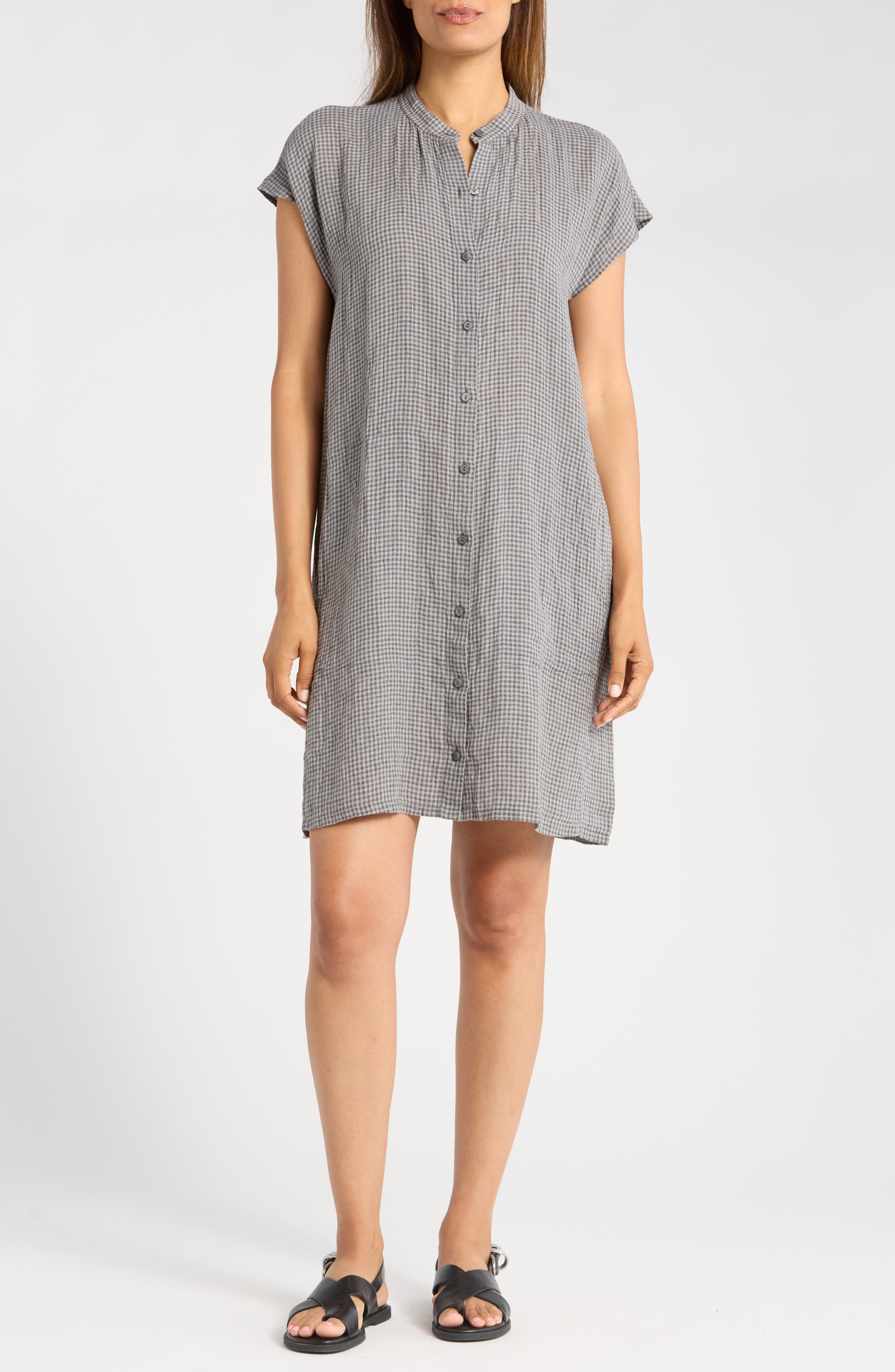 Eileen Fisher Gingham Cap Sleeve Organic Linen Shirtdress | Nordstromrack