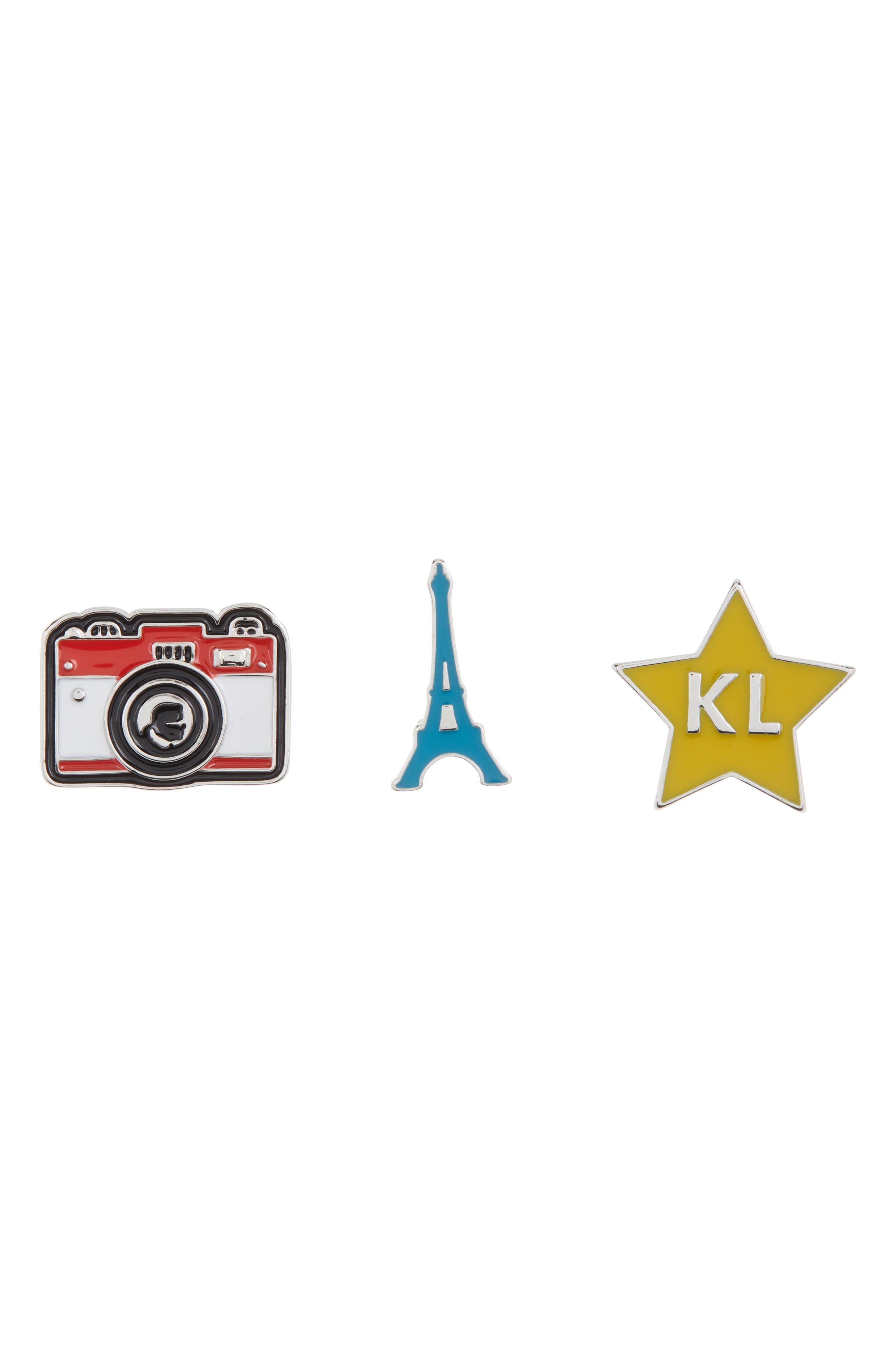 KARL LAGERFELD PARIS Set of 3 Logo Star, Eiffel Tower & Camera Pins ...