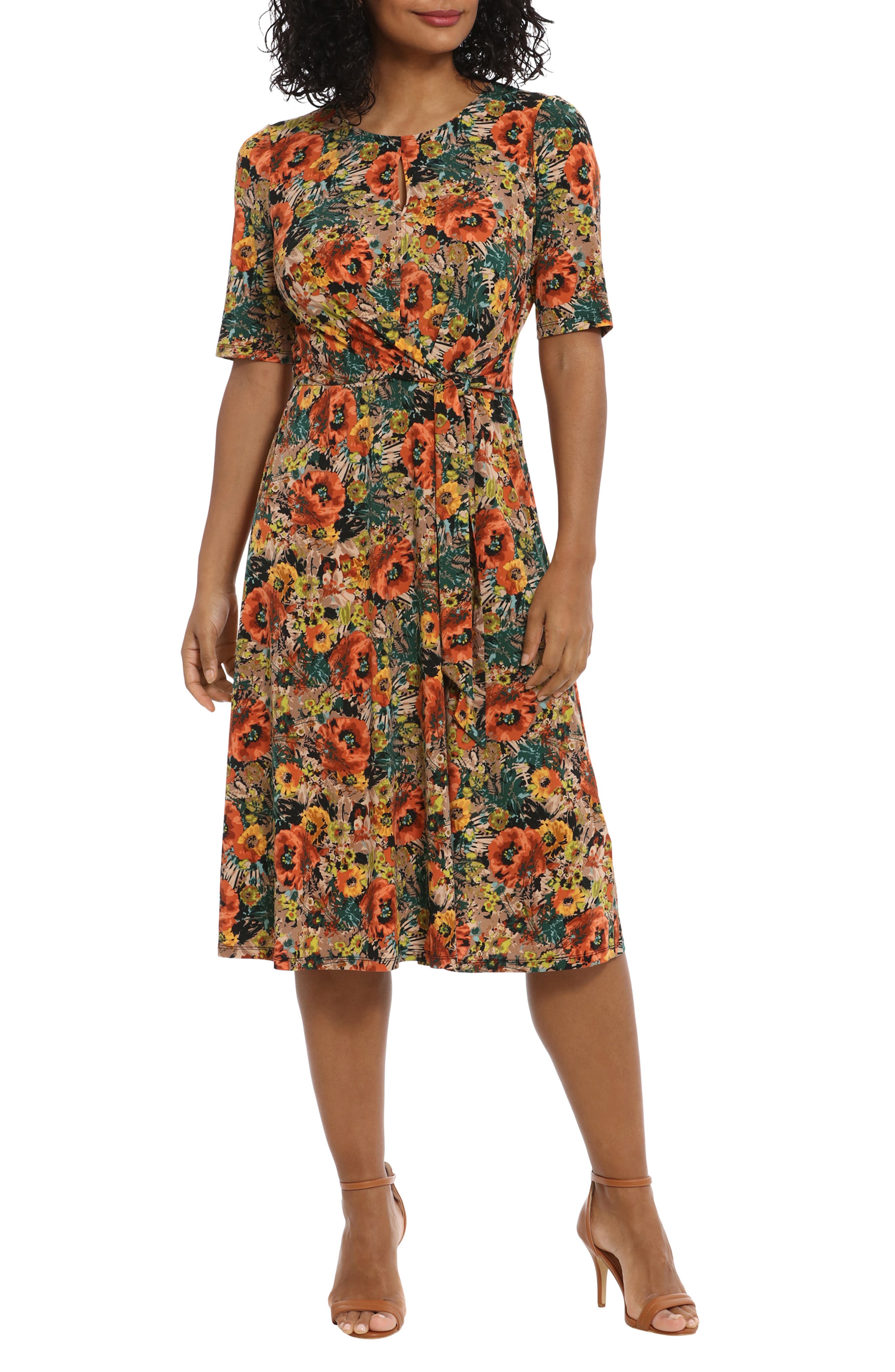 London Times Floral Short Sleeve Tie Waist Midi Dress | Nordstromrack