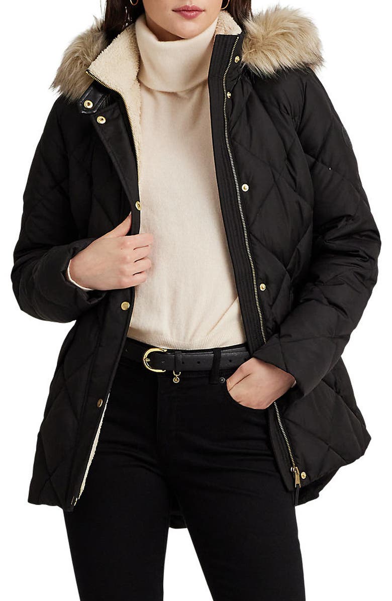 Lauren Ralph Lauren Diamond Faux Fur Trim Quilted Down & Feather Fill ...