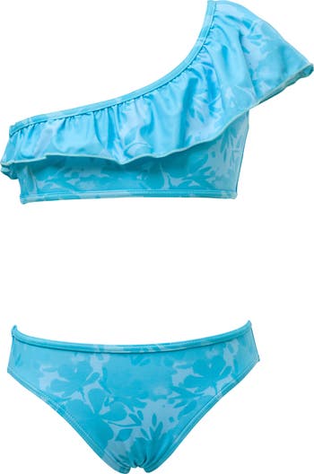 Snapper Rock Blue Leaf Asymmetrical Flounce 2-Piece Swimsuit | Nordstrom