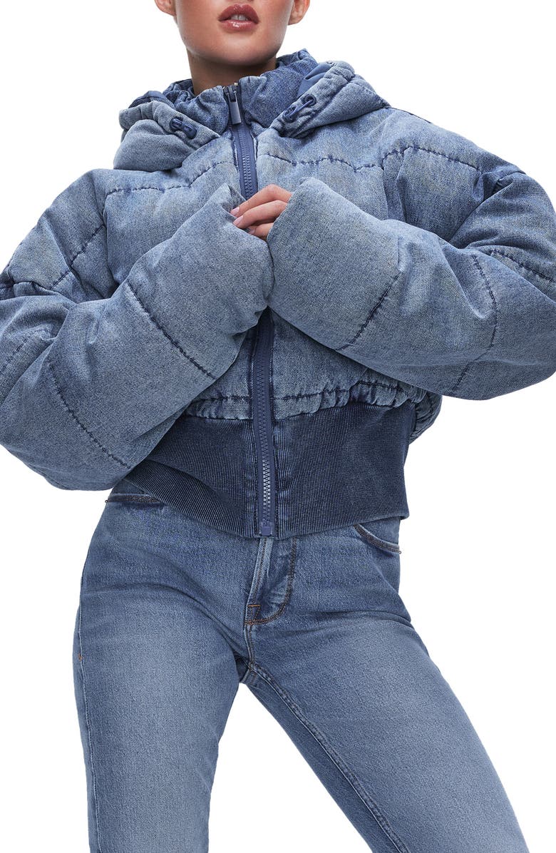 Good American Rib Hem Crop Denim Puffer Jacket | Nordstromrack