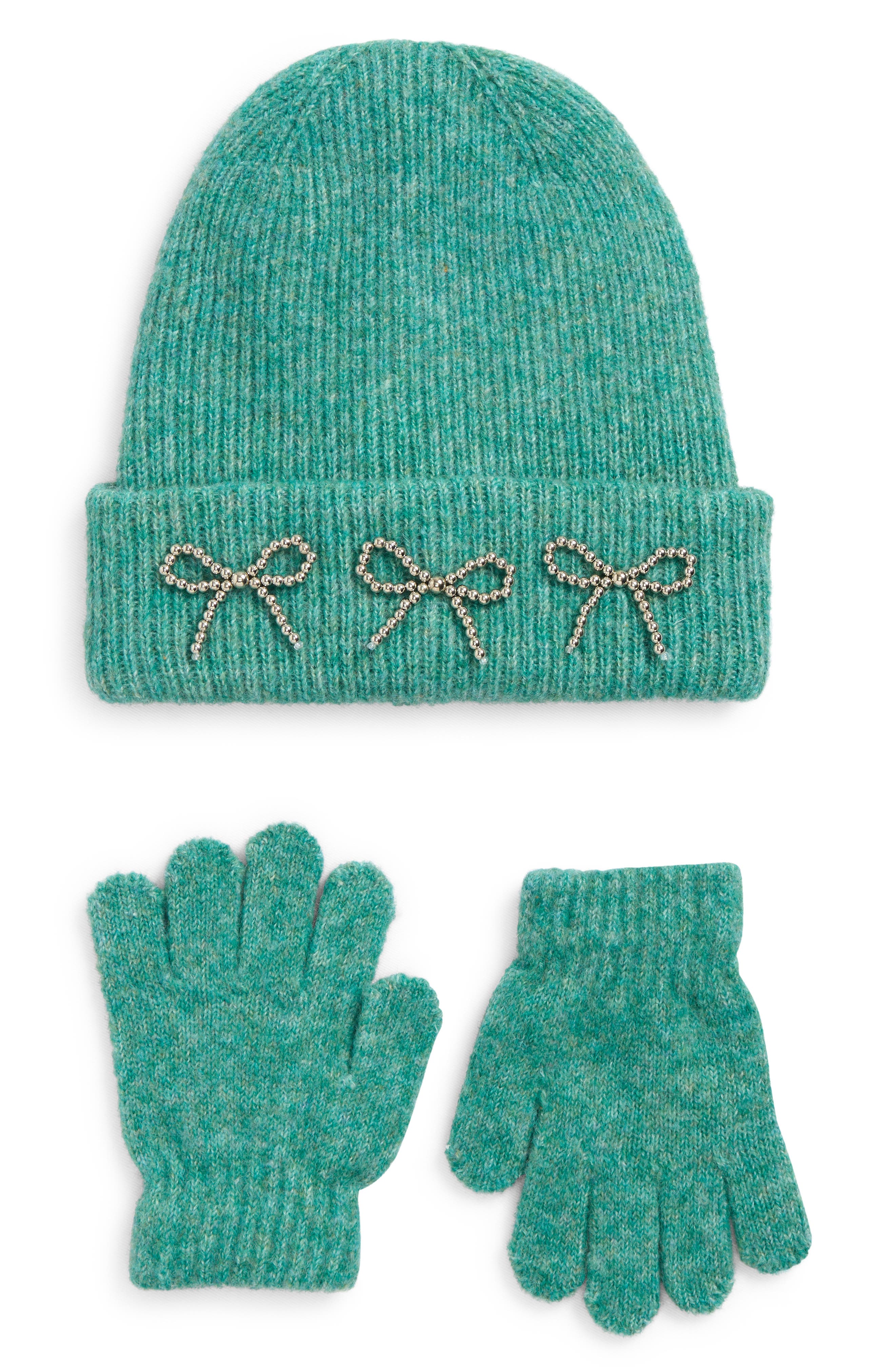Ruby & Ry Three Bow Cuff Beanie & Knit Gloves Set | Nordstrom