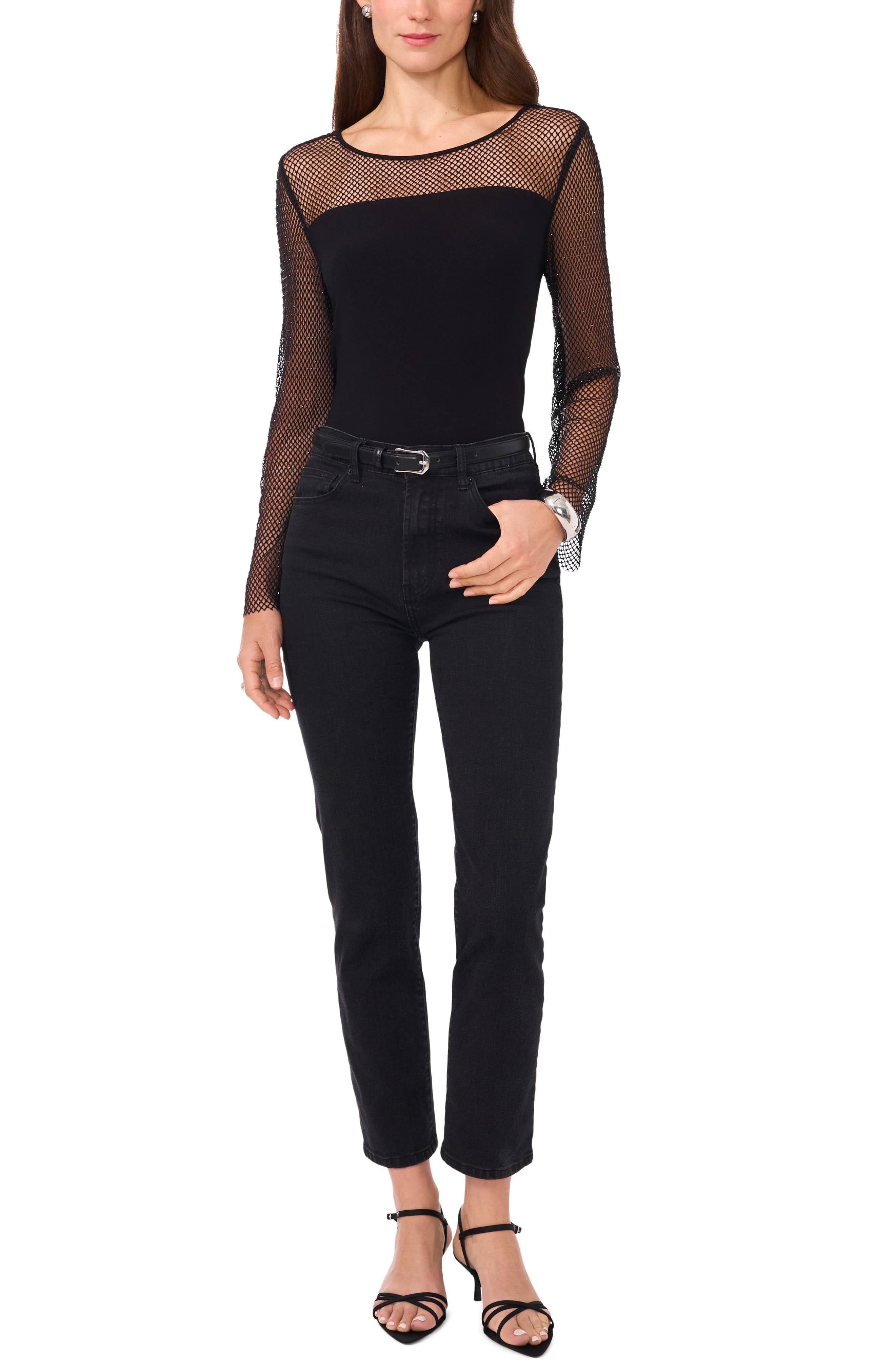 Vince Camuto Rhinestone Fishnet Long Sleeve Top | Nordstrom