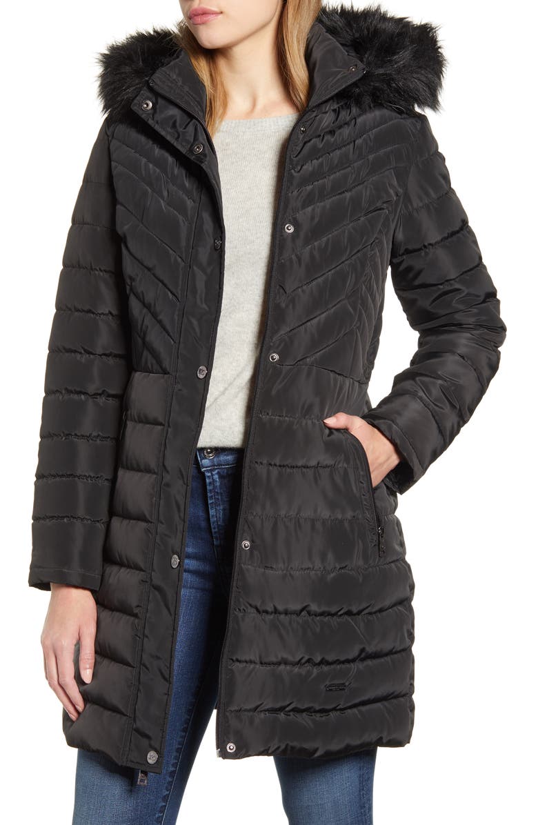 Kenneth Cole New York Hooded Puffer Jacket with Faux Fur Trim ...