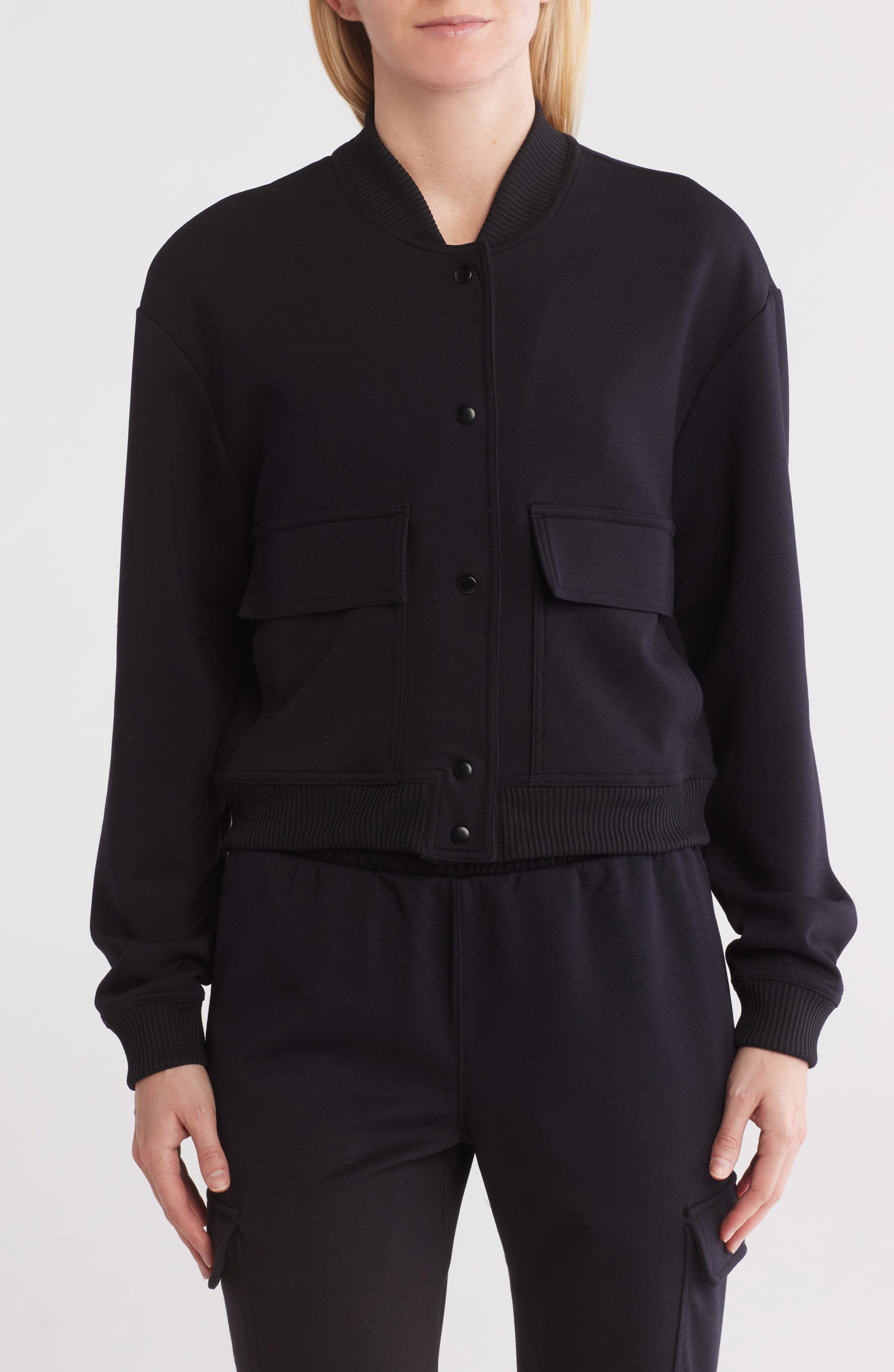 90 DEGREE BY REFLEX Soho Snap Cargo Scuba Knit Bomber Jacket ...
