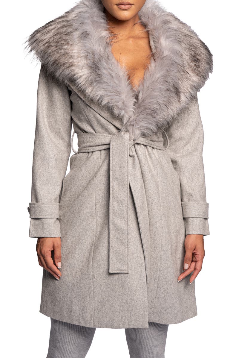 JLUXLABEL Francoise Wool Blend Belted Coat with Faux Fur Trim ...