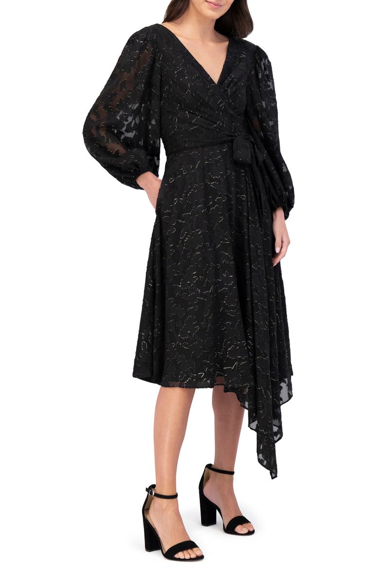 Eliza J Long Sleeve Burnout Chiffon Faux Wrap Midi Dress | Nordstromrack