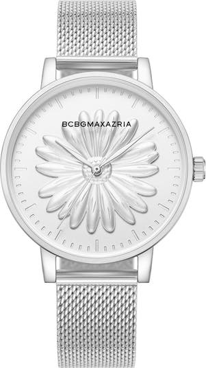 BCBG Max Azria 3D Flower Quartz Mesh Strap Watch, 38mm | Nordstromrack