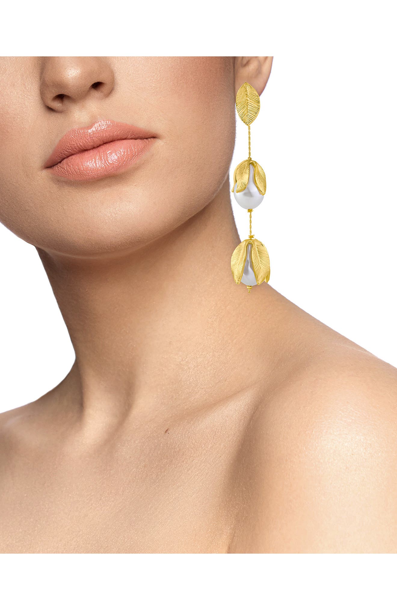 JARDIN Leaf Covered Faux Pearl Linear Drop Earrings | Nordstromrack
