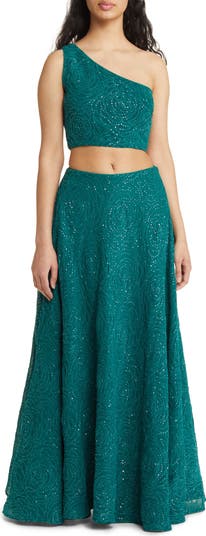 Sani Raz Floral Embroidered One-Shoulder Lehenga with Dupatta | Nordstrom