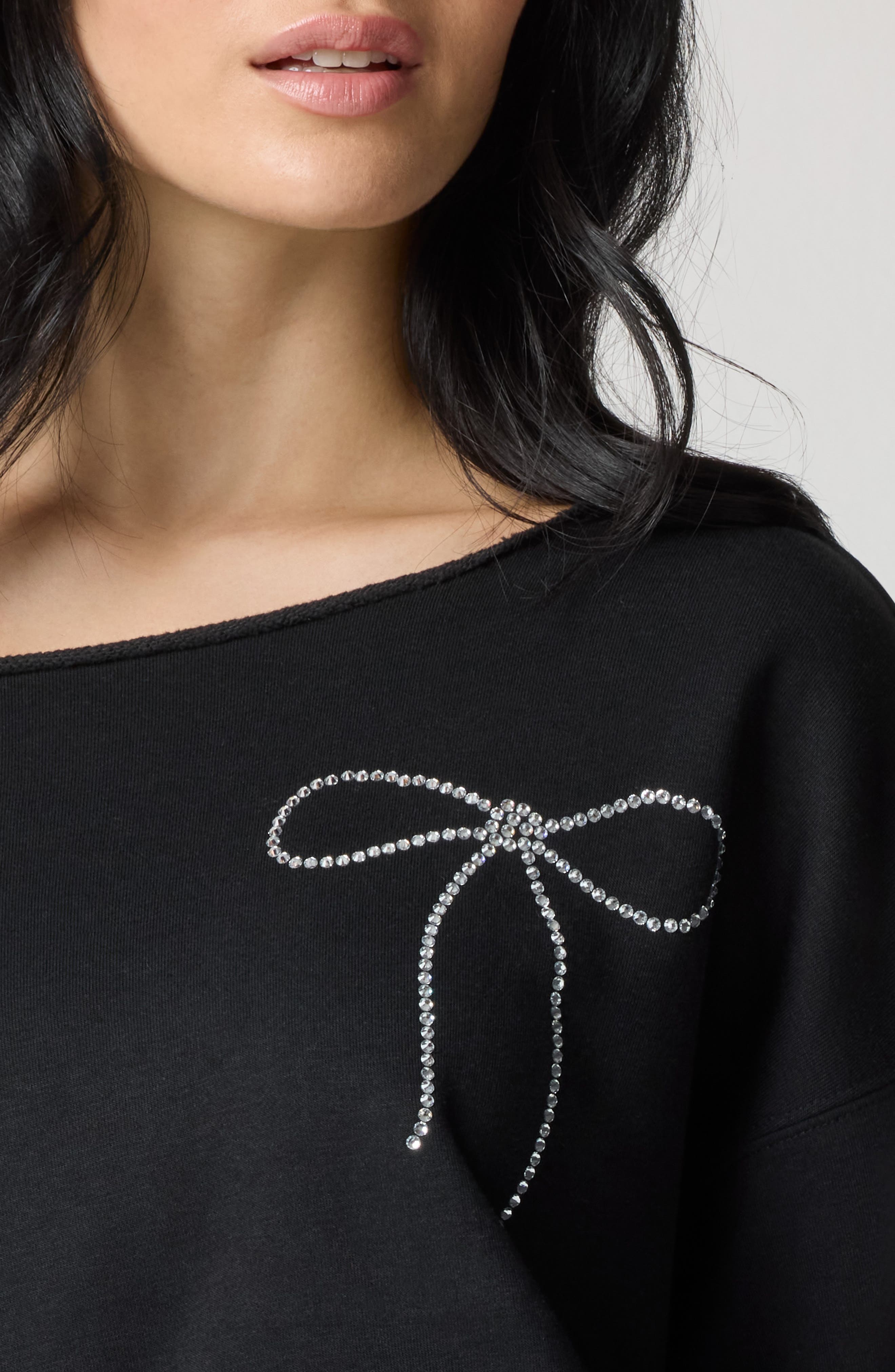 Florence by Mills Crystal Bow Off the Shoulder Crop Sweatshirt | Nordstrom