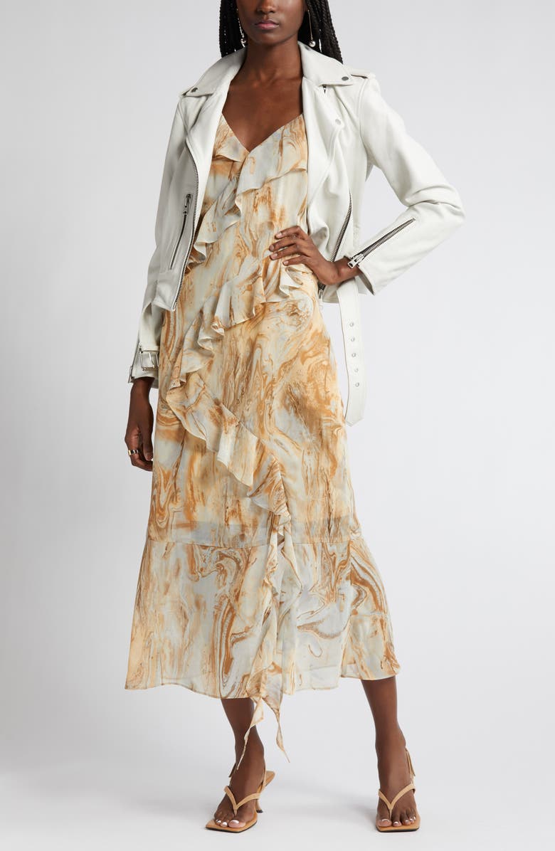 MOON RIVER Marble Print Ruffle Midi Dress | Nordstromrack