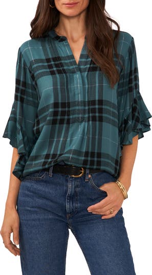 Vince Camuto Plaid Ruffle Sleeve Top | Nordstrom