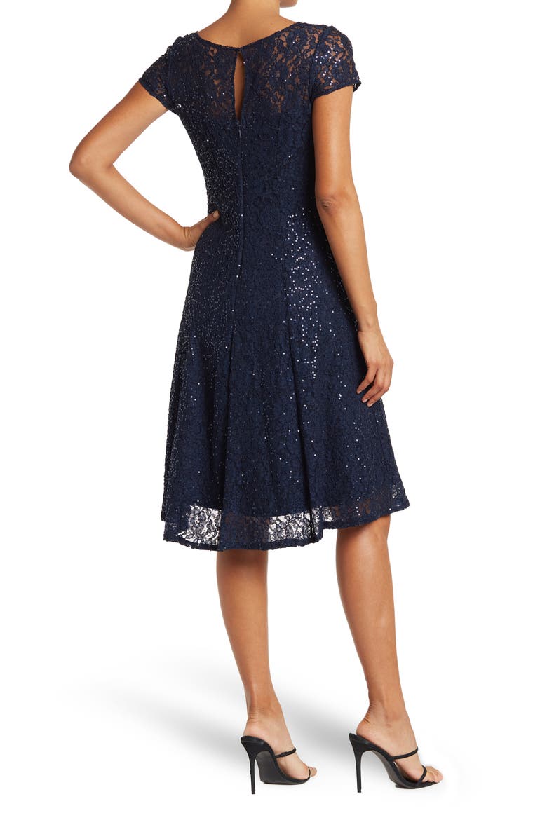 Scoop Neck Short Sleeve Sequin Lace Tea Length Dress (Women ...
